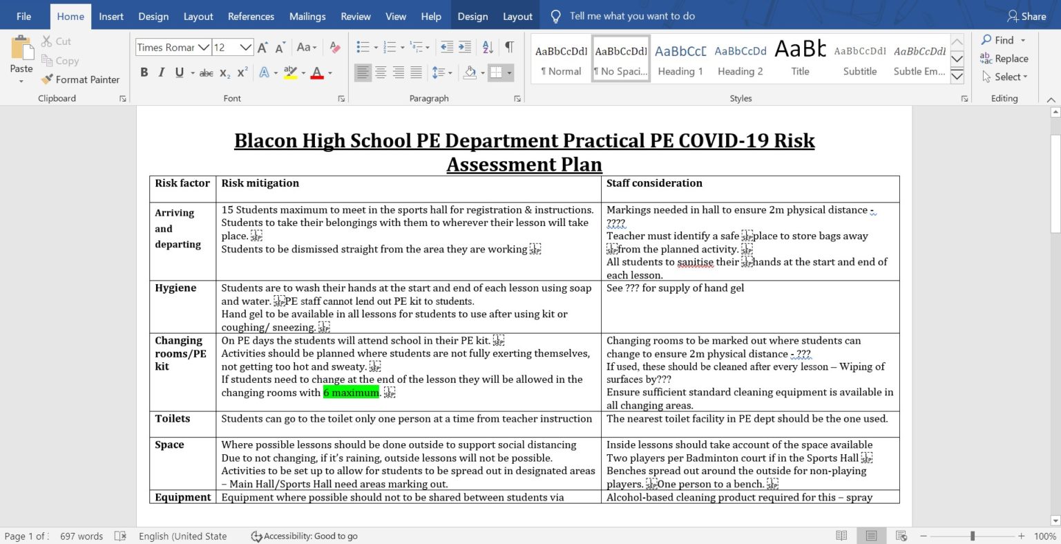 Blacon High School PE Department COVID Risk Assessment @ Lee Cairns ...