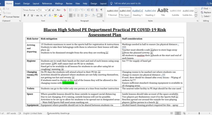 Blacon High School PE Department COVID Risk Assessment @ Lee Cairns ...