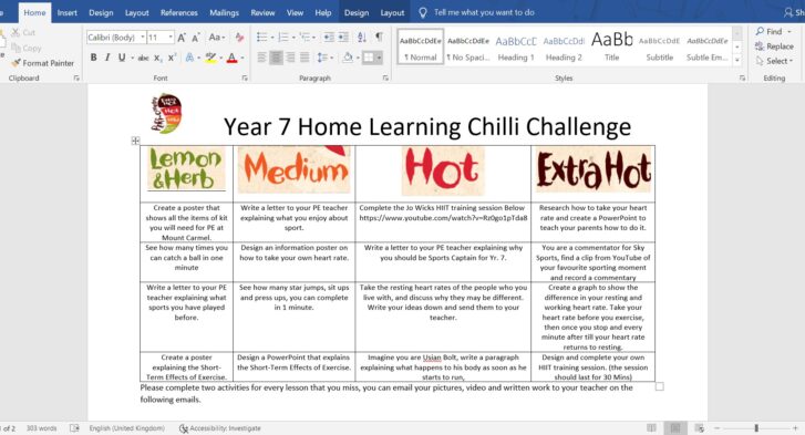 Yr 7 Home Learning Menu by Mr Low – PE4Learning
